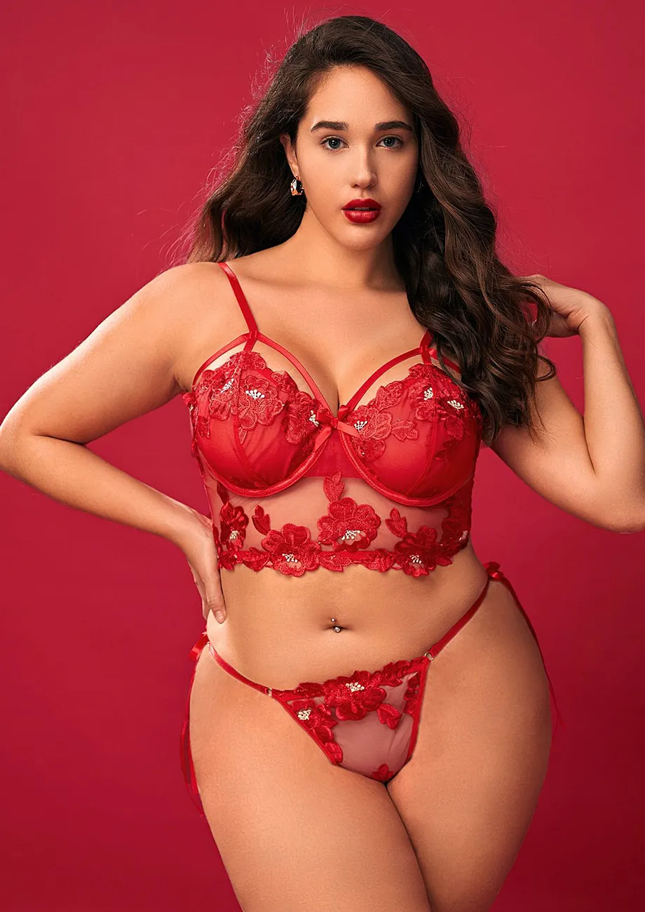 Buy Red Embroidered Plus Size Strappy Lingerie Set for Women Online in India