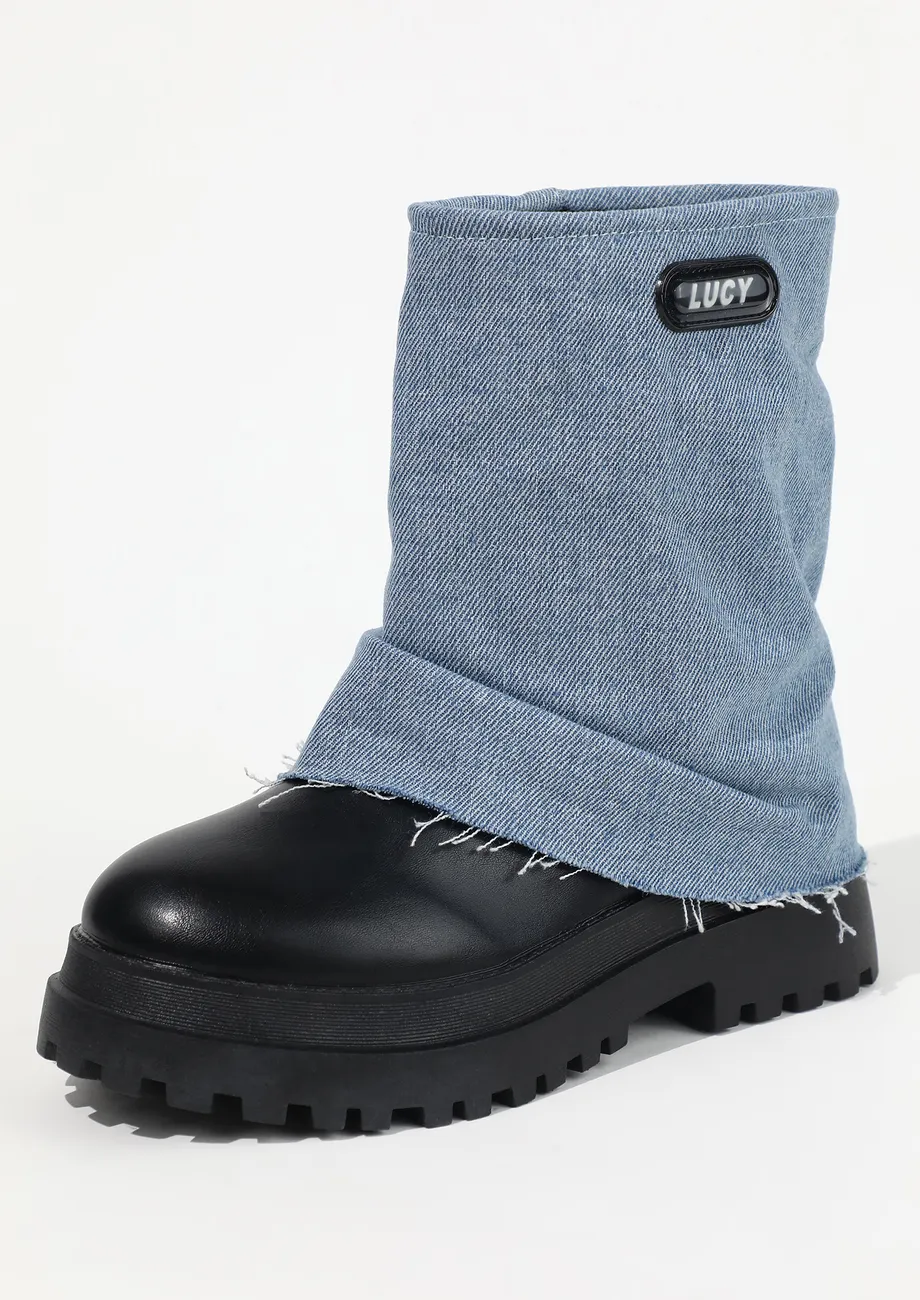 Buy ROUNDED TOE CHUNKY CONTRAST BLUE BOOTS for Women Online in India