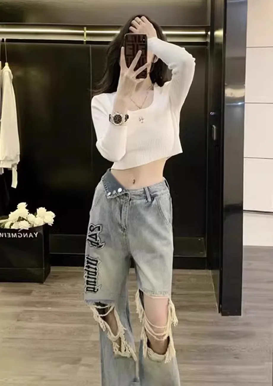 Buy Blue Letter Embroidery Ripped Jeans for Women Online in India